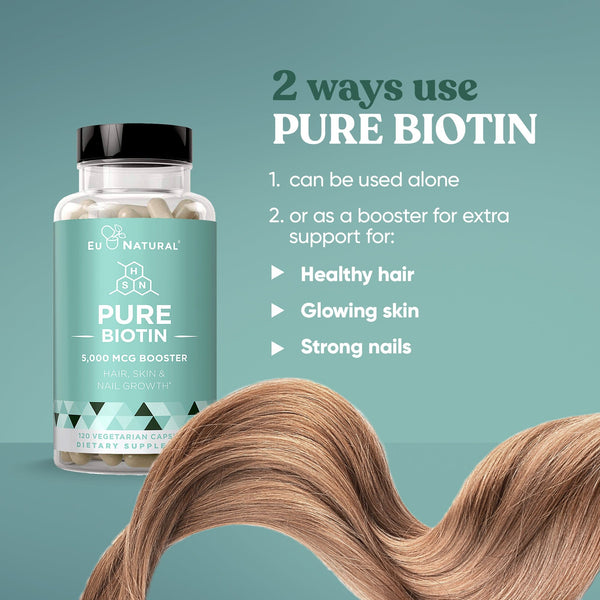 BIOTIN 5000 MCG Hair, Skin & Nails Supplement - Eu Natural